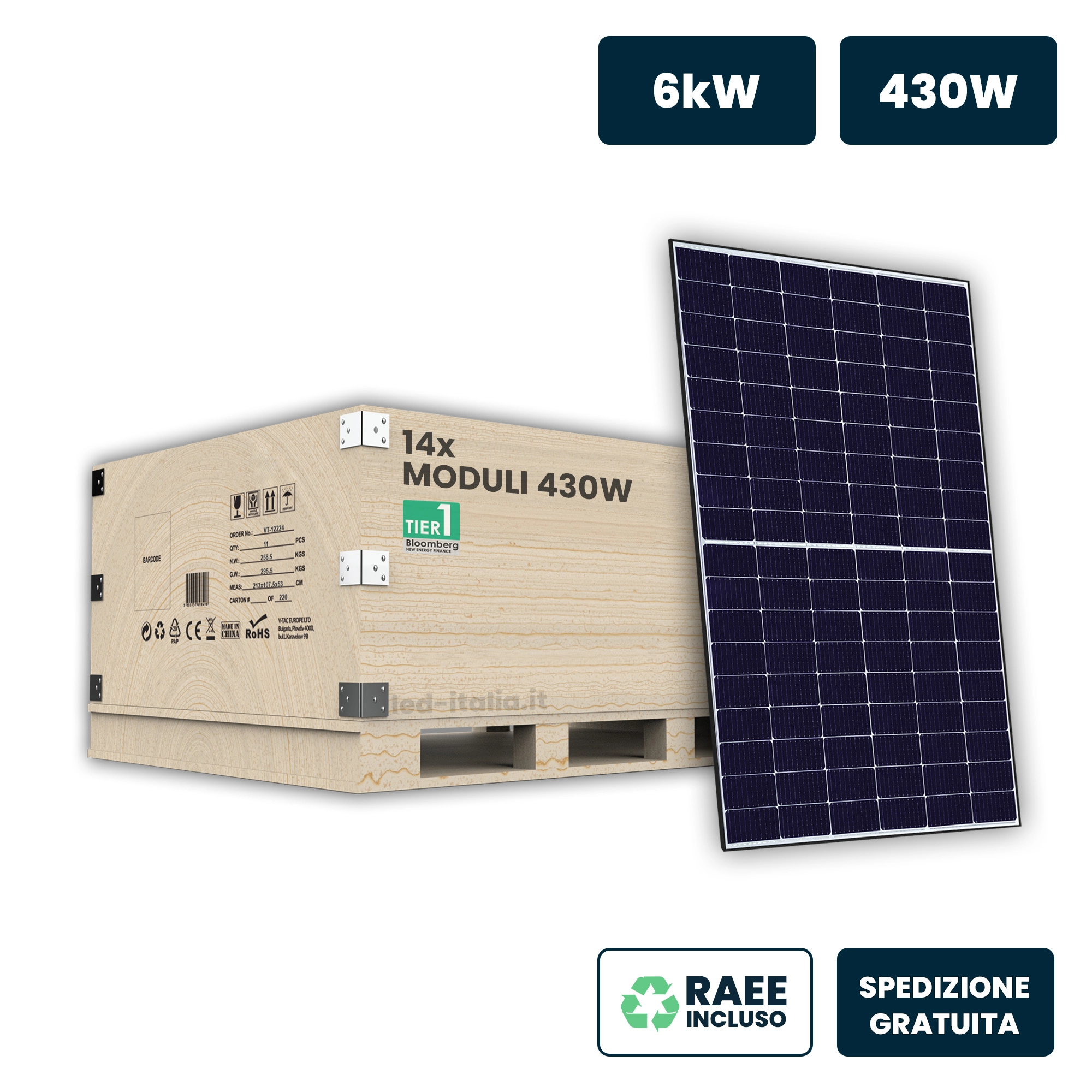 SKU 119336 - Set 6kW con 14 Pannelli Solari Fotovoltaici Moduli 430W TIER-1 TOPCon Black Frame ...