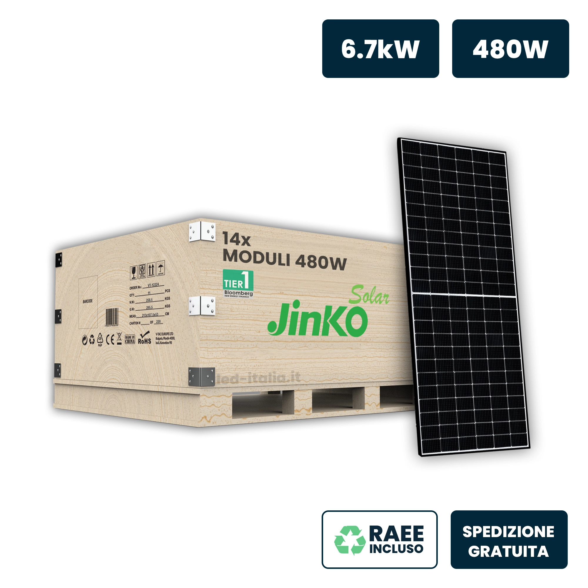 SKU 123036 - Set 6.7kW con 14 Pannelli Solari Fotovoltaici Moduli 480W JINKO Solar TIER-1 Tiger ...